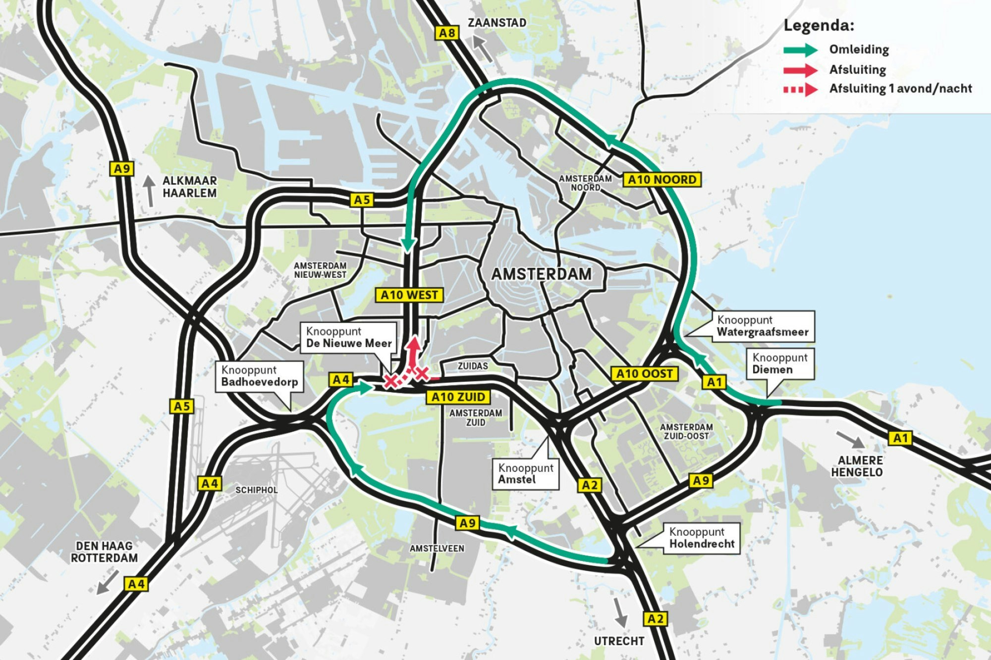 A10: afsluitingen knooppunt De Nieuwe Meer; 6 - 10 juni 2025